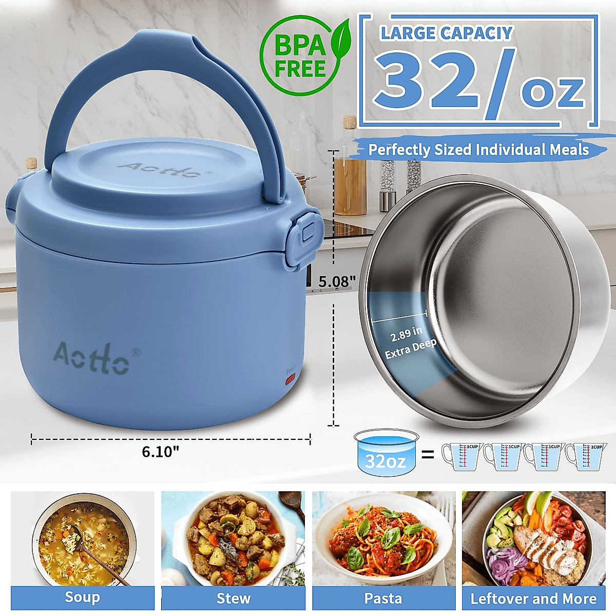 Aotto Electric Lunch Box, 32 oz Portable Food Warmer Heater, Lunch Warmer Portable for Work/Office/Car/Travel 12V/24V/110V 3-in-1, Warming Soup & Meal, Spill-Free, Men & Women's Gifts, Blue