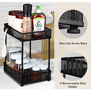 SZJHXIN Under Sink Organizer and Storage, Bathroom Cabinet Organizer, 2 Tier Metal Cabinet Basket Organizer Drawer with 4 Hooks (Black)
