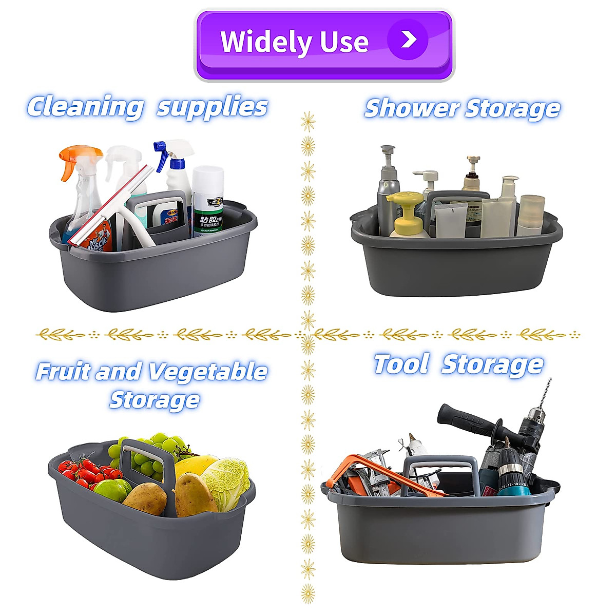 Hioffice Cleaning Caddy Organizer with Handle,Plastic Cleaning Supplies Basket,Shower Caddy/Storage Basket/Tote Portable for Bathroom, Tool, Garden, Kitchen(2 Pack, Gray)