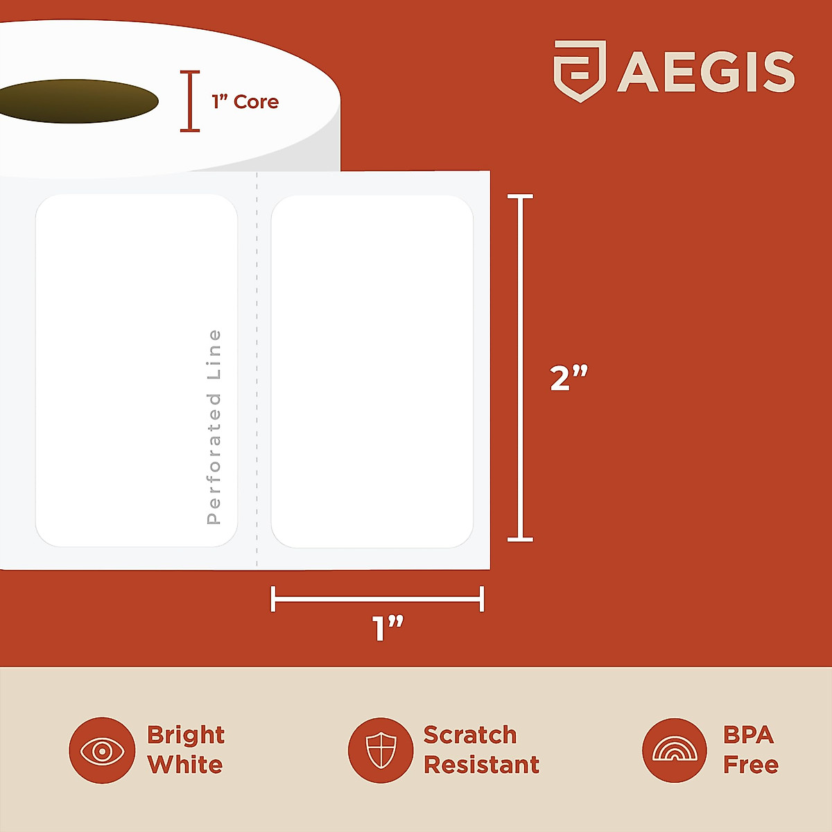 Aegis Adhesives - 2” X 1” Direct Thermal Labels for UPC Barcodes, Address, Perforated & Compatible with Rollo, Zebra, & Other Desktop Label Printers (12 Rolls, 1300/Roll)