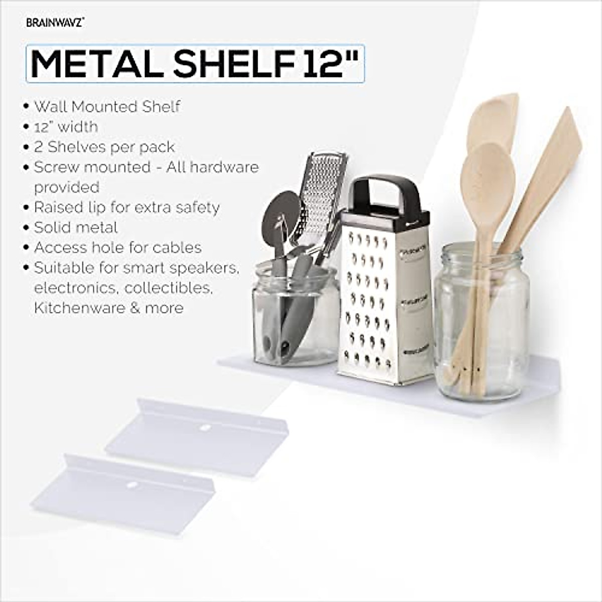 BRAINWAVZ 2-Pack 12" Floating Metal Wall Shelf for Books, Organizer, Speakers, Plants, Cameras, Books, Decor Display, Storage, Routers & More Wide Universal Holder Shelf (White)