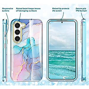 Turquiase for Samsung Galaxy S23 Case with 2pcs Tempered Screen Protector&1pcs Len Camera Protector, Lightweight and Stylish Full Body Shockproof Protective Rugged TPU Case, Blue Marble