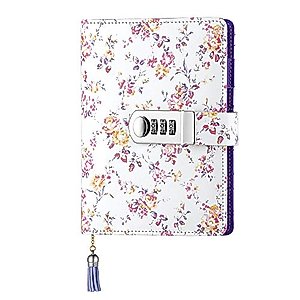JunShop Floral Password Diary with Lock A6 Refillable Locking Journal PU Leather Combination Locked Diary Journal (Purple)