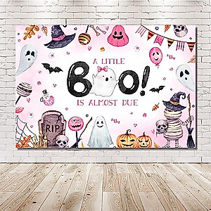 MEHOFOND 7x5ft Halloween Baby Shower Backdrop for Girl a Little Boo is Almost Due Pink Pumpkin Ghost Bat Photography Background Party Supplies Banner Decorations Photo Booth Studio Props