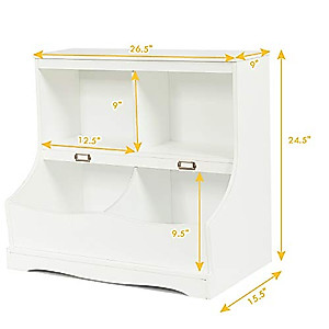 Costzon 4-Cubby Kids Bookcase with Footboard, Name Card, Multi-Bin Children's Toys Storage and Organizer Book Shelf Display, Wooden Toy Box Chest Cabinet for Kids Room Playroom Bedroom Nursery (White)