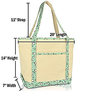 DALIX 20" Large Teal Owl Tote Shoulder Bag Natural Cotton Canvas
