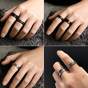 Stainless Steel Band Rings for Men, Sliver Fidget Rings for Anxiety for Women, Cool Plain Spinner Ring Set, Black Mens Wedding Band Ring Pack (9)