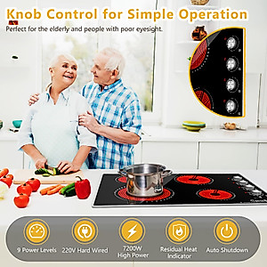 Cusinesync 30 Inch Electric Cooktop, 4 Burner Built-in Electric Stove Top with 9 Power Levels, Knob Control, Auto shutdown and Residual Heat Warning, 7200W, 220-240V for Hard Wire