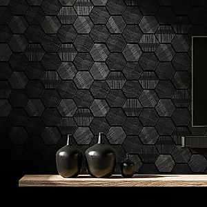 Simon&Siff Black Textured Wallpaper 3D Embossed Hexagon Wallpaper Non Woven Traditional Non-Pasted Wallpaper for Bedroom Bathroom 17.3in x 26.2ft