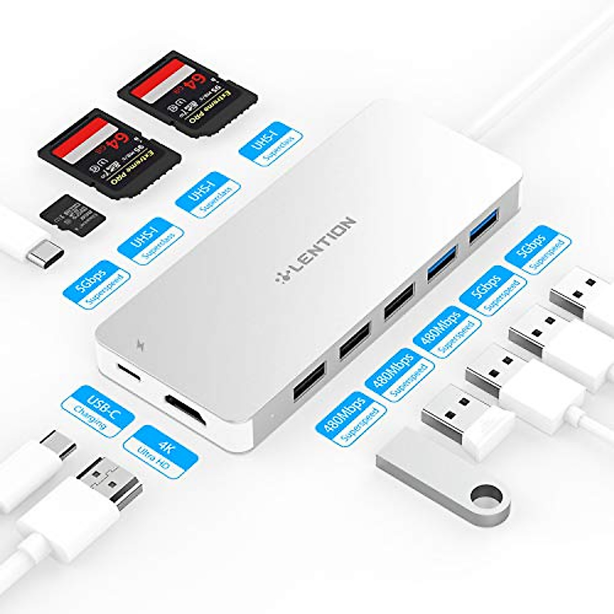 LENTION USB C Hub with 3-Slot Card Reader, 4K HDMI, USB 3.0, USB 2.0, Type C Data/Charging Compatible 2023-2016 MacBook Pro, New Mac Air/Surface, Stable Driver Certified Adapter (CB-C19, Silver)