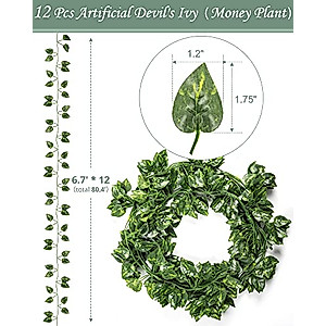 JACKYLED 80Ft 12 Pack Artificial Devil's Ivy Garland with 80 LED String Light, Fake Pothos Plant Vines,Houseplants, Hanging Plant Vines for Bedroom Garden Party Wall Decor