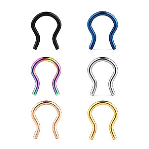 Ruifan 6PCS 316L Surgical Steel U-Shaped & Staple Nose Septum Hanger Retainer Nose Ring 16g (Mix Colors 2#)
