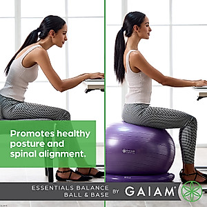 Gaiam Essentials Balance Ball & Base Kit, 65cm Yoga Ball Chair, Exercise Ball with Inflatable Ring Base for Home or Office Desk, Includes Air Pump - Purple