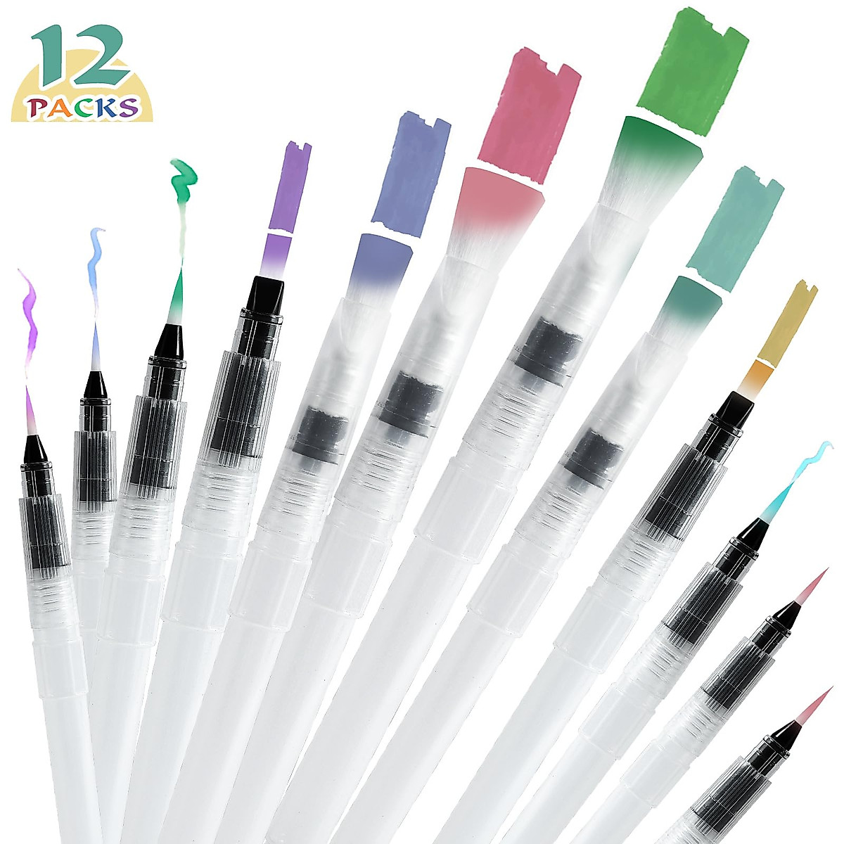 Junreox 12Pcs Watercolor Brush Pens, Premium Water Brush Pen Leakproof with Assorted Tips, Water Brush Pens for Watercolor, Refillable Watercolor Pens, Watercolor Paint Pens, Arts Value Set