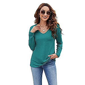 Sherosa Womens V Neck T Shirts Long Sleeve Cotton Cute Soft V Neck Tee Blue Green L
