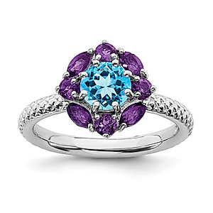 Solid 925 Sterling Silver Stackable Amethyst Purple February Gemstone and Blue Topaz Ring Eternity Band Size 10