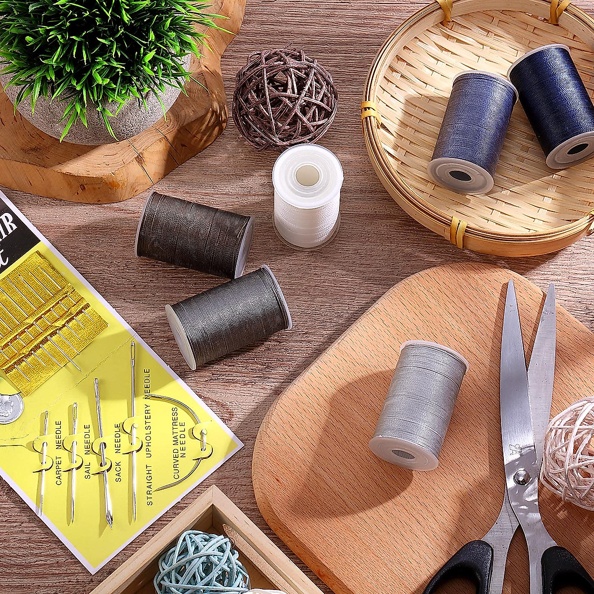 6 Rolls Strong Upholstery Thread High Strength Sewing Waxed Thread with Hand Stitching Needle Set for Denim Leather Craft DIY Machine (White, Gray, Brown, Light Gray, Blue, Dark Blue, 0.55 mm)