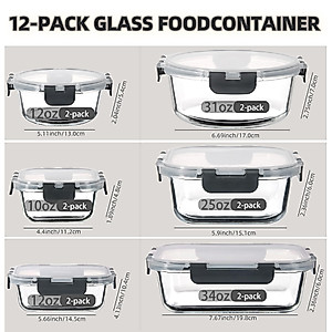 HAKEEMI 12 Pack Glass Storage Containers with Lids, Glass Meal Prep Containers Set, Airtight Food Storage Containers, Grey