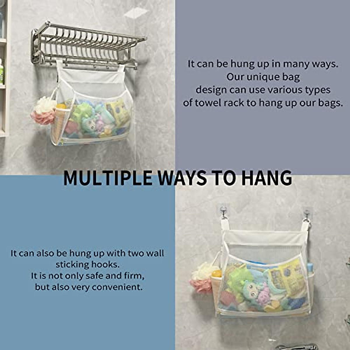 Ligereza Baby Mesh Bath Toy Organizer, Multiple Ways to Hang, Ultra Large Capacity & Large Opening, Bathroom Toy Holder, Bath Toy Storage Bag with 2 Side Pockets (Large White)