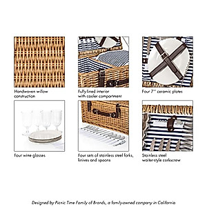 PICNIC TIME Belmont Picnic Basket for 4 - Wicker Picnic Baskets - 4 Person Picnic Set, Navy Blue & White Stripes