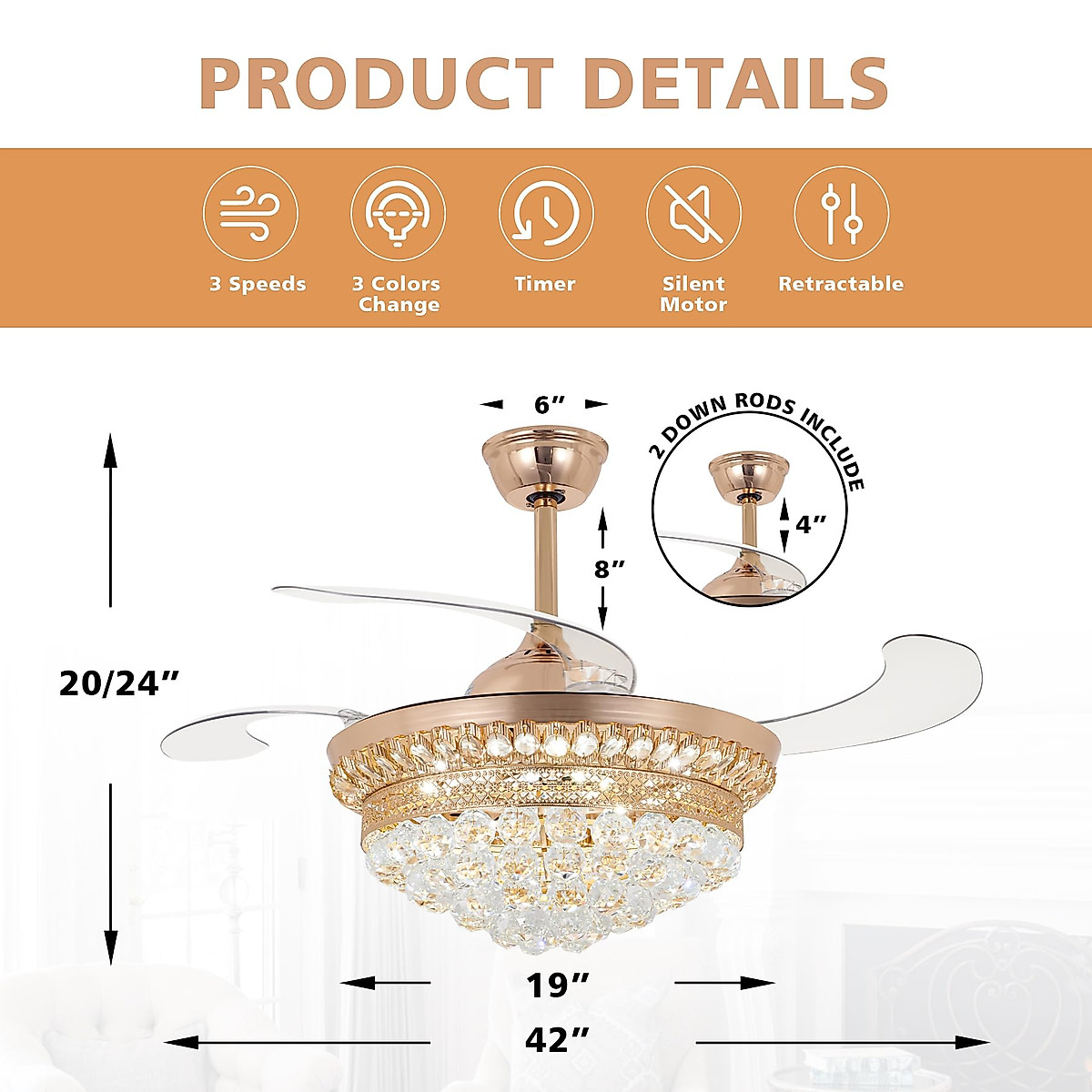 BIGBANBAN Bling Crystal Chandelier Fan, Retractable Ceiling Fans,42 Inch Ceiling Fan with 3 Color Change LED Light and Remote for Bedroom/Living Room/Dining Room (Rose Gold)
