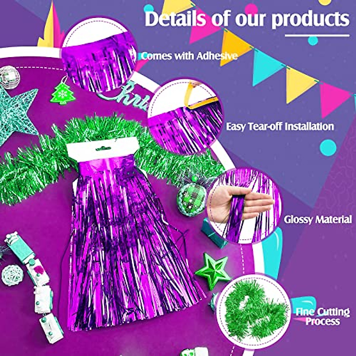 20 Pcs Mardi Gras Parade Float Decorations Including 8 Pcs 10 ft Metallic Foil Fringe Curtains 12 Pcs 6.5 ft Tinsel Garland for Carnival St. Patrick's Day Party Car Decorations (Purple, Green)