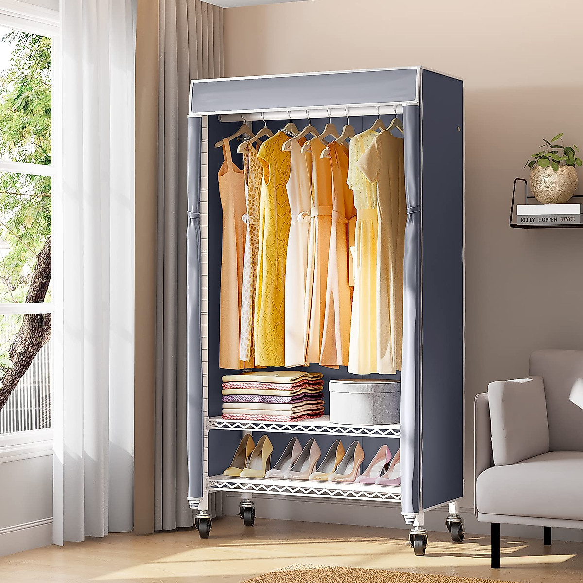 VIPEK R1C Portable Closet with Cover - Heavy Duty Freestanding Clothes Rack with Wheels & Hanging Rod, White with Gray Cover