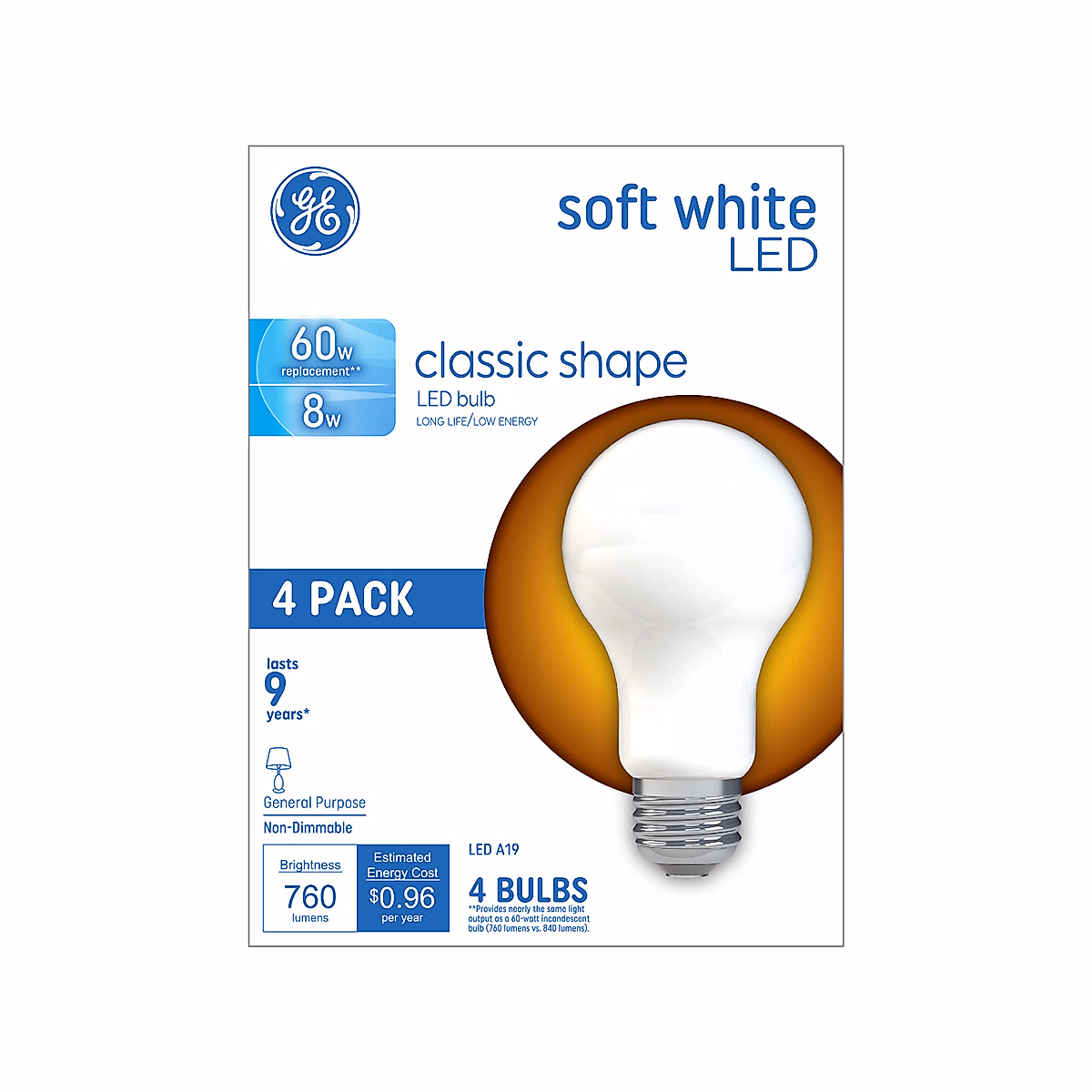 GE LED Light Bulbs, 60 Watt, Soft White, A19 (4 Pack)