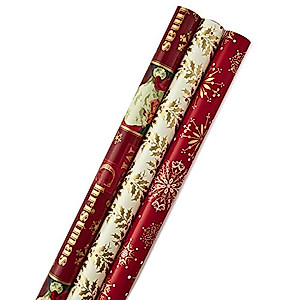 Hallmark Reversible Christmas Wrapping Paper Set with Ribbon and Gift Tag Stickers (Traditional Red and Gold, 3 Rolls of Wrapping Paper and Ribbon)