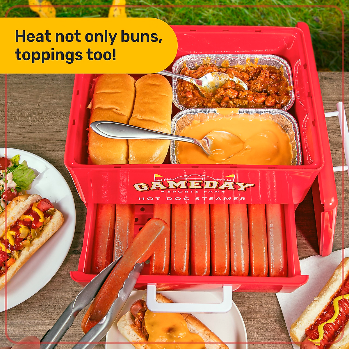 Nostalgia, Game Day Hot Dog Steamer and Bun Warmer, Fits 20 Dogs and 8 Buns, Steams Pot Stickers, Veggies, Potatoes, and Other Appetizers or Toppings