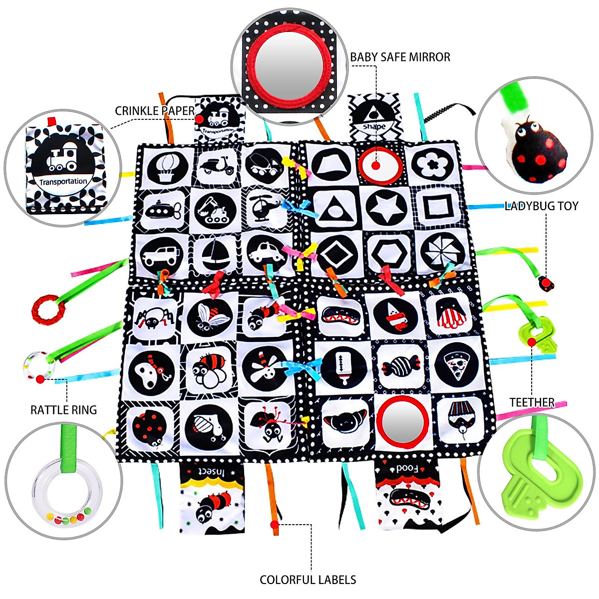 ONTODEX Baby Toys 0-6 Months, 4-in-1 Infant Tummy Time Mat, Newborn Black and White High Contrast Toddler Sensory Activity Play Mat with Mirror, Teethers, Rattles