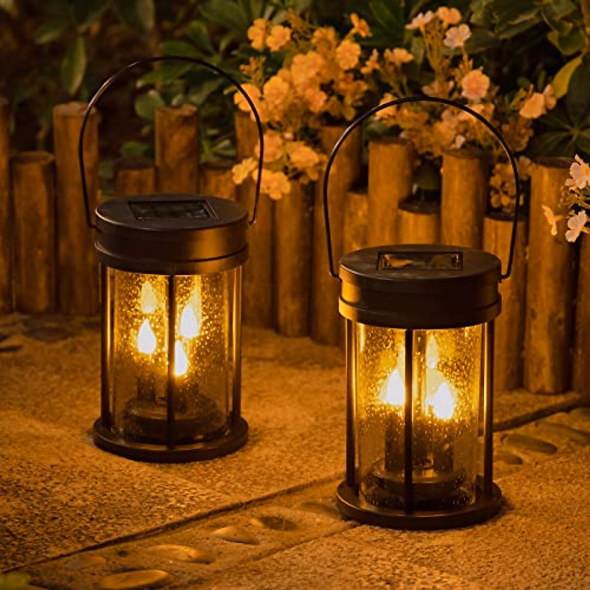 Solar Garden Lanterns Outdoor Hanging Flickering Candle Lights with Raindrop Decorative Mission Lights for Patio Decor, Yard, Table, Pathway 2 Pack