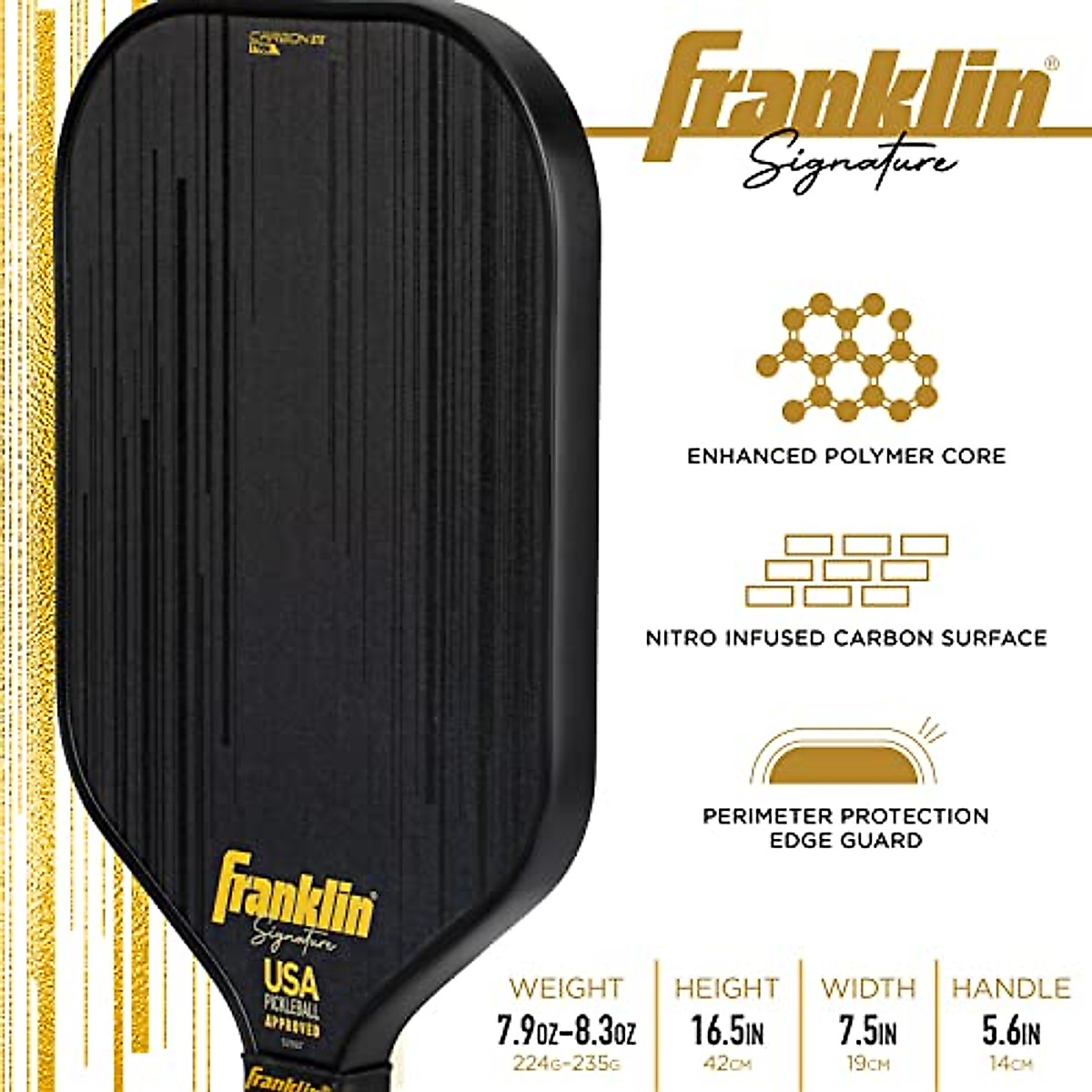 Franklin Sports Pro Pickleball Paddles - Signature Series Carbon Fiber Pickleball Paddle - USA Pickleball (USAPA) Approved Tournament Pickleball Paddle - 17mm Polypropylene Core Pro Racket - Black