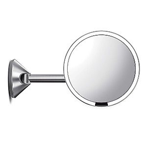 simplehuman, Brushed 8" Round Wall Mount Sensor Makeup Mirror, 5x Magnification, Hard-Wired (100-240v), Stainless Steel, 8"