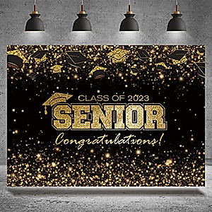 Rsuuinu Class of 2023 Backdrop Black Gold Glitter Bokeh Graduation Party Photography Background Congratulations Senior 2023 Congrats Grad Prom Party Decorations Banner Photo Booth Props 7x5ft