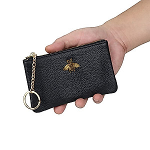 Women Genuine Leather Coin Purse Zip Cute Bee Pouch Change Wallet with Keychain, navy