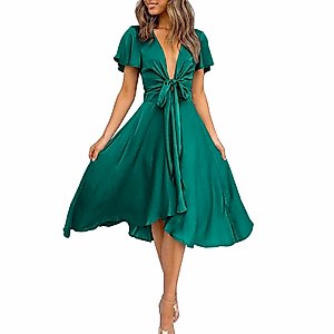 miduo Womens Dresses Satin Summer Loose Wrap Tie Front V Neck Short Sleeve High Waist Skater Swing Cocktail Party Midi Homecoming Dresses Green XXL