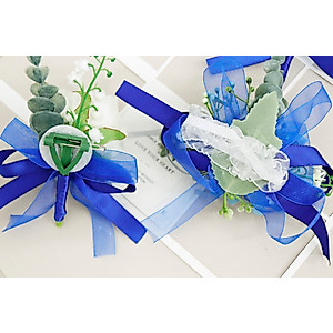 MAFELOE Wrist Corsage and Boutonniere Set Artificial Rose Flowers Accessories for Groom Bride Groomsmen Bridesmaids Wedding Party Prom Suit - Blue White 2 Pieces