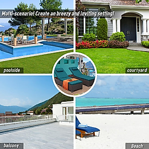 Rattan Star Outdoor Chaise Lounge Set of 2 Brown Wicker Patio Chaise Lounge Chairs Pool Lounge Chairs Multi-Angle Adjustable Backrest with Peacock Blue Cushions and Headrest