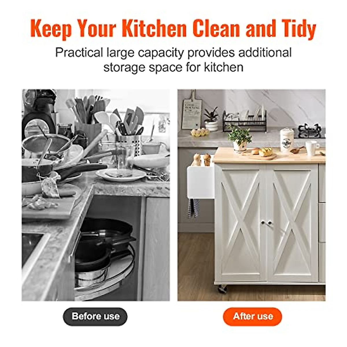 VEVOR Kitchen Island Cart with Solid Wood Top, 45.3" Width Mobile Carts with Storage Cabinet, Rolling Kitchen Table with Spice Rack, Towel Rack, Drop Leaf and Drawer, Portable Islands on Wheels, White