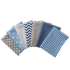 Gnognauq 7pcs Cotton Quilting Fabric, Blue Grey Fat Quarter Fabric Bundles Printed Patchwork Squares Polka Dot Wave Striped Gingham Fabric for Sewing DIY Crafts, 18 x 22 inches
