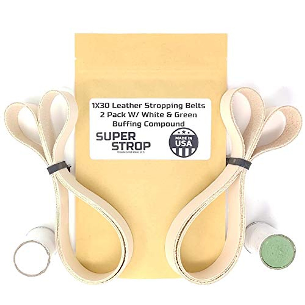 1X30 Leather Honing Polishing Belts 2 Pack with White & Green Buffing Compounds