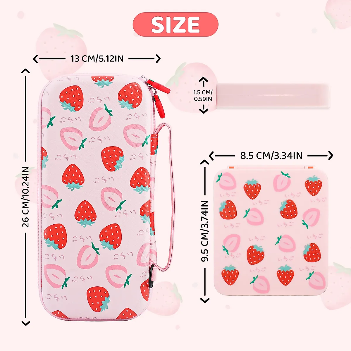 FANPL Carrying Case for Nintendo Switch & Switch OLED, Pink Cute Strawberry Travel Hard Protectiv Case for Switch with Adjustable Shoulder Strap, Game Case, Thumb Grips - Super soft plush lining