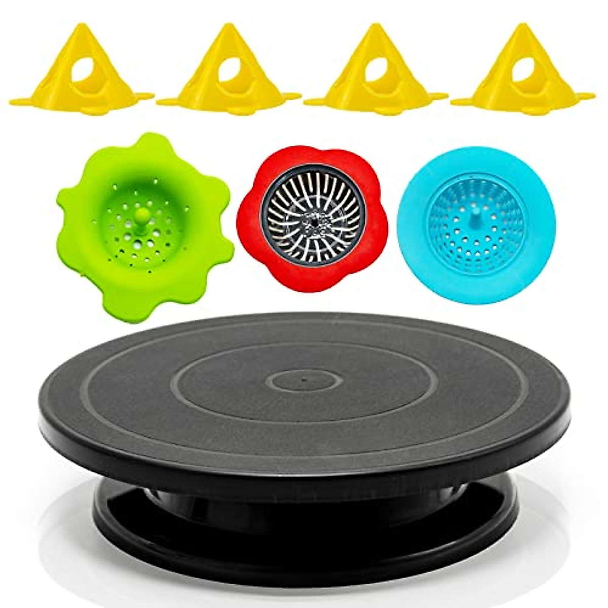 11”Rotate Turntable Sculpting Wheel Revolving Cake Turnable Black Painting Turn Table Stand for Paint Spraying Spinner,with Cone Canvas Support Stands and 3pcs Acrylic Pouring Strainers