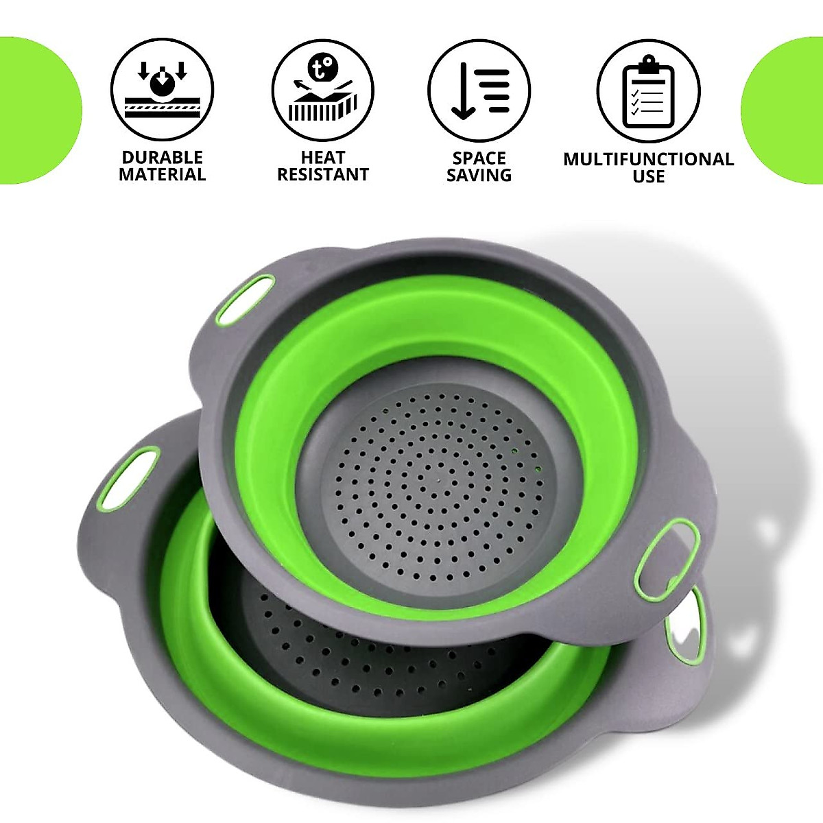 Collapsible Colander with Plastic Handles Round Silicone Kitchen Strainers Foldable Kitchen Strainer Perfect for Draining Pasta Vegetable and Fruit Green