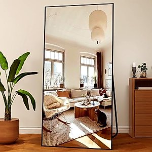 Extra Large 71"x30" Full Length Mirror - Standing, Hanging, or Leaning Rectangle for Wall or Floor - Wall-Mounted Full Body Dressing With Aluminum Alloy Frame for Living Room - Black