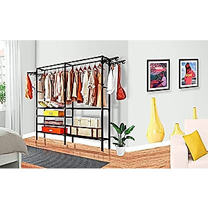 Sasoiky Garment Rack,Shoe Clothing Organizer Shelves,Freestanding Multifunctional Clothes Wardrobe- Closet with Hooks (White)
