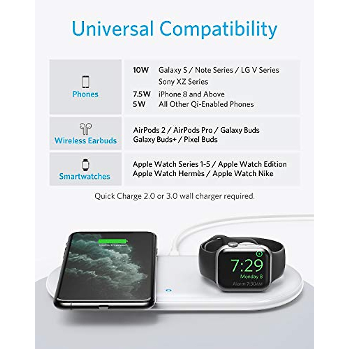 Anker Wireless Charging Station, 2 in 1 PowerWave+ Pad with Holder for Apple Watch 5/4/3/2, Wireless Charger for iPhone 13, 12, 12 Pro Max, 11, AirPods (Watch Charging Cable & AC Adapter Not Included)