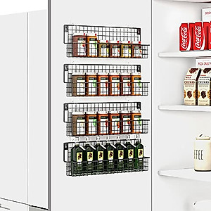 meluke Wall Mounted Spice Rack Organizer for Cabinet Door, 4 Tier Metal Hanging Seasoning Jar Storage Rack Condiment Bottle Organizer Holder Rack for Kitchen, Cabinet, Cupboard, Pantry Door (Black)