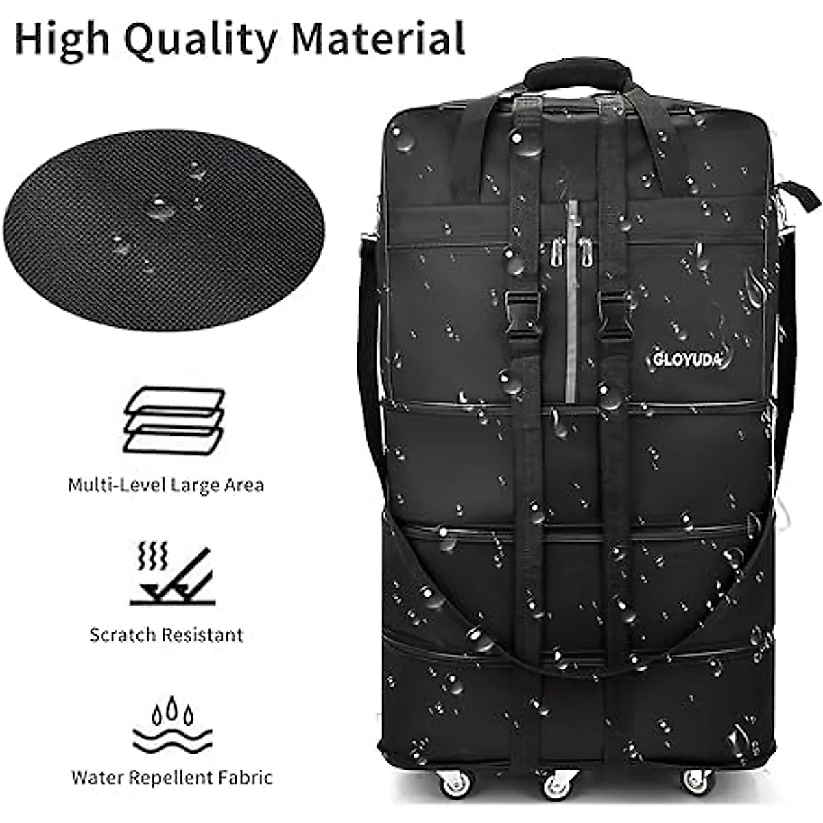 Gloyuda Expandable Foldable Luggage, 36'' Suitcase With Spinner Wheels, Rolling Duffel Travel Bag, Collapsible Luggage, With 2 Luggage Handle Wrap and 2 Fixing Straps, 1 Shoulder Strap (Black)